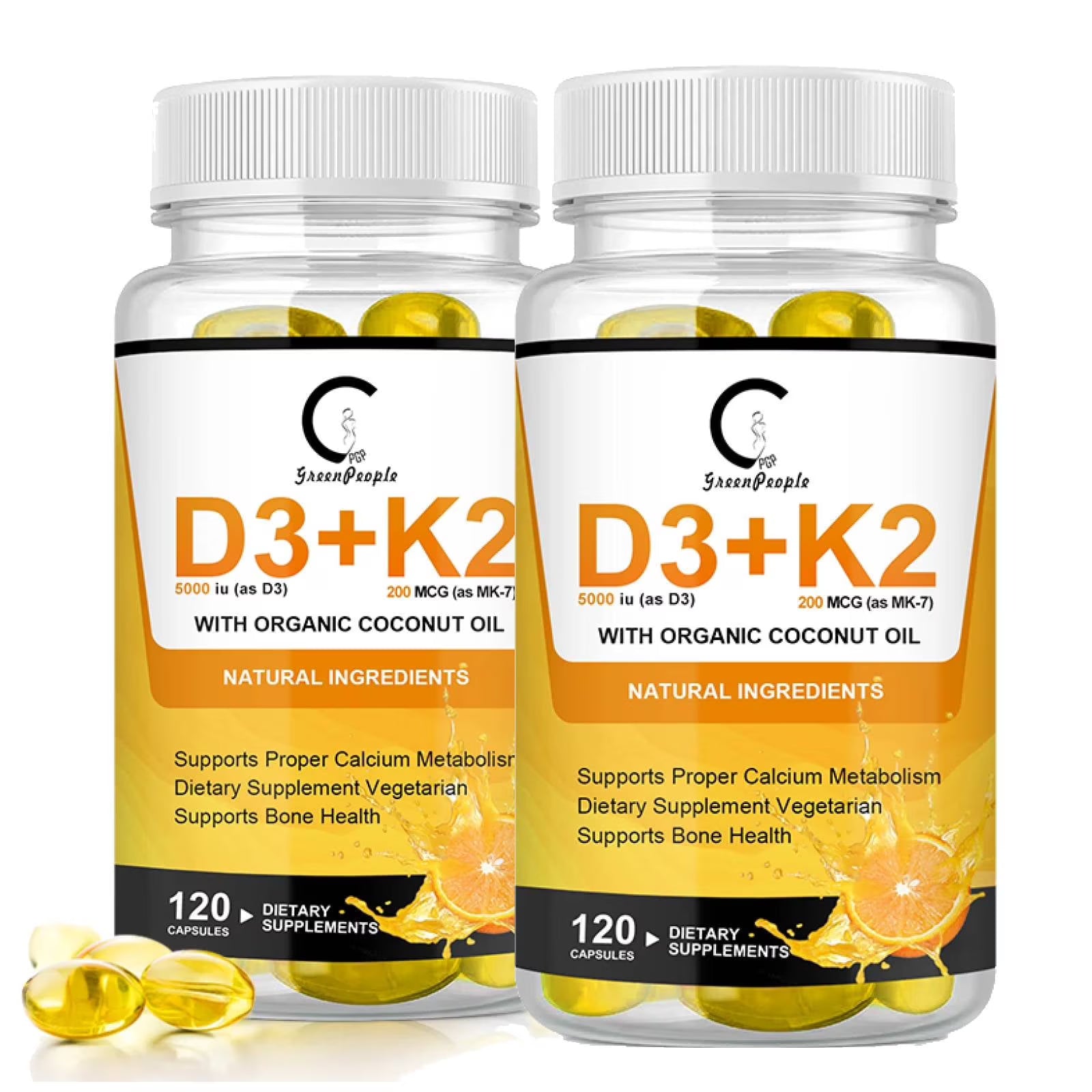 (2 Pack) D3 + K2 Capsules,Vitamin D3 5000iu K2 200mcg Supports Immune ...